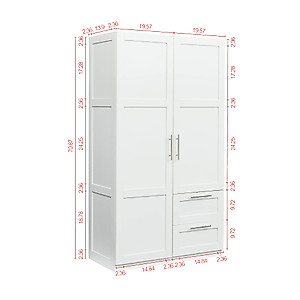 High Wardrobe and Kitchen Cabinet with 2 Doors, 2 Drawers and 5 Storage Spaces,White