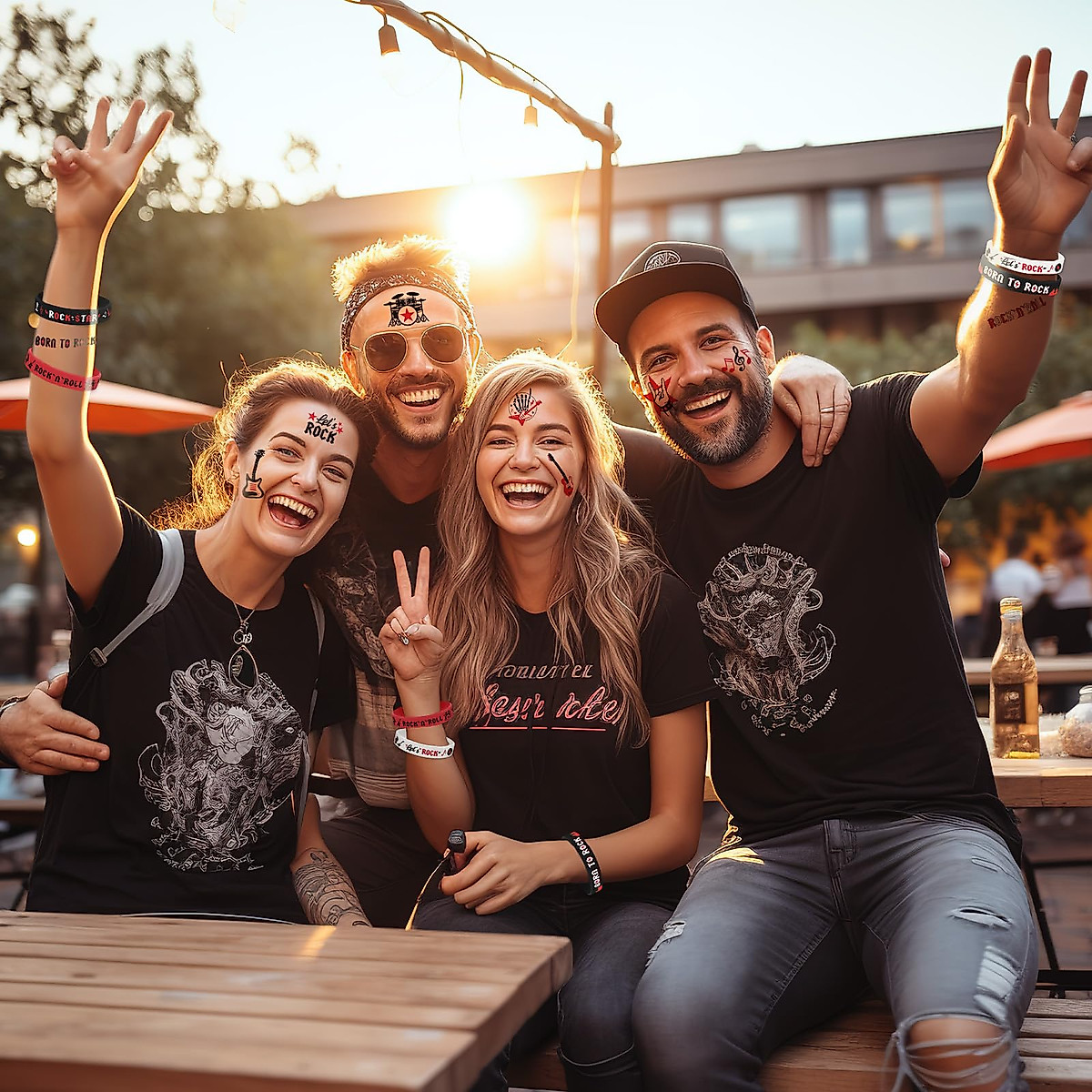 Sinasasspel 36PCS Rock And Roll Stickers Silicone Bracelet Party Favors Born to Rock Decorations Supplies Temporary Stickers For Face Arm Hand Let’s Rock Rubber Wristband 60s 80s Retro Rock Band