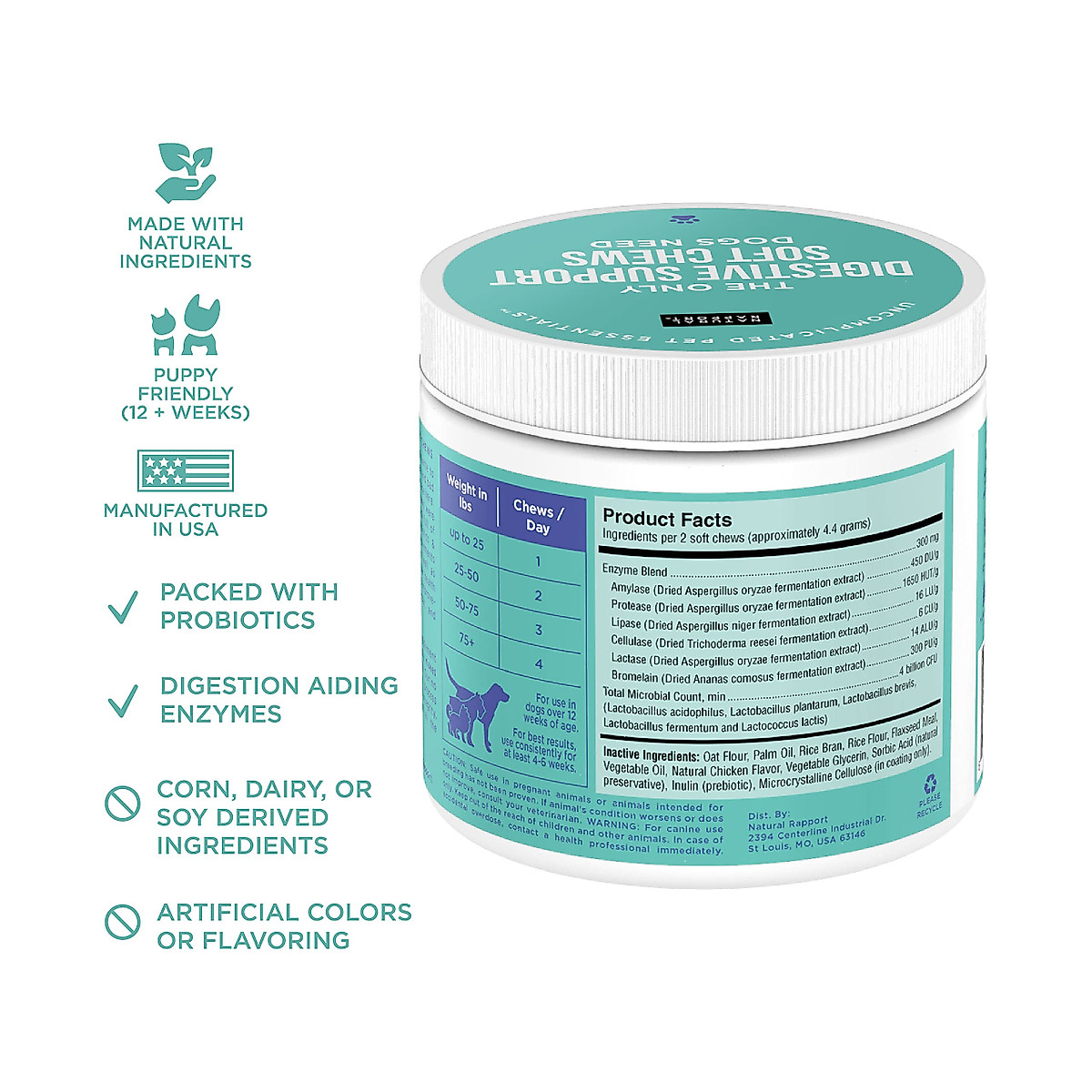 Natural Rapport Dog Digestive Supplement - The Only Digestive Support Soft Chews Dogs Need - 120ct Treats That Contain Probiotics and Enzymes to Support Digestion and Gut Health