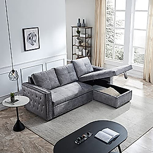 MOEO 91" Reversible Sleeper Sectional Sofa, L-Shape Corner Couch with Storage Chaise and Pulled Out Bed, Tufted Buttons Nailheaded Design for Living Room, Home, Gray