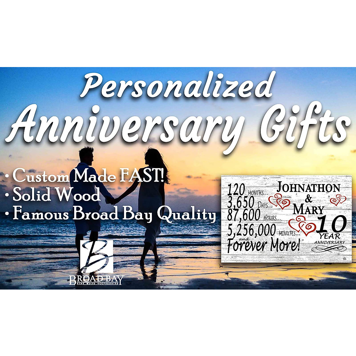 Personalized 10 Year Anniversary Sign Gift 10th Wedding Anniversary Present For Couple Days Mionutes Years - Solid Wood - 16.5in x 10.5in x .75in