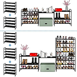Simple Trending 4-Tier Stackable Shoe Rack, Expandable & Adjustable Fabric Shoe Shelf Storage Organizer, Black
