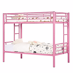 VECELO Bunk Bed Twin Over Twin, Metal Bunkbeds with Ladder and Full-Length Guardrail, No Box Spring Needed, Space Saving, Noise Free, Pink
