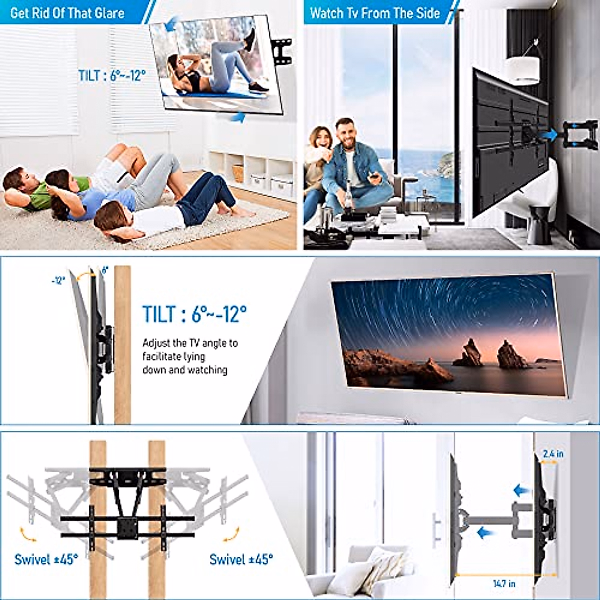 C-MOUNTS Full Motion TV Wall Mount Bracket Dual Articulating Arms Swivels Tilts Rotation for Most 37-75 Inch Flat Curved TVs,Holds up to 110lbs, Max VESA 684x400mm,Fits up to 16" Studs