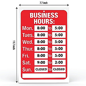 Open Signs, Business Hours Sign Kit - Bright Red and White Colors - 7.7 x 11.7 Inch - Includes 4 Double Sided Adhesive Pads and Black Number Sticker Set - Ideal Hours Of Operation Signs for Business, Store or Office