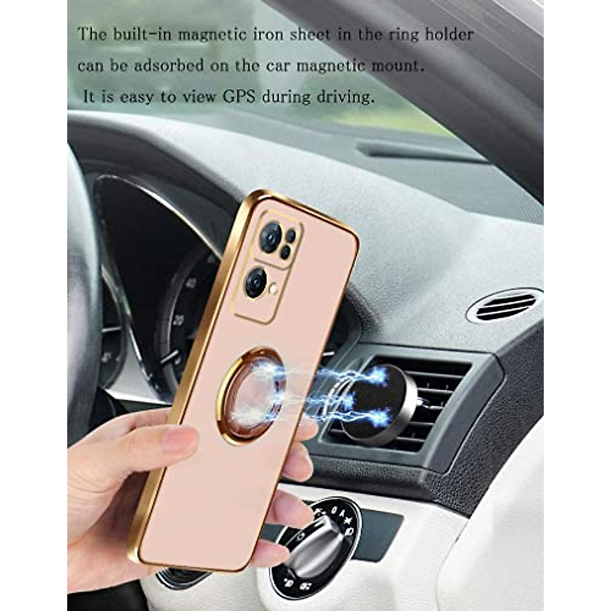 Wousunly Compatible with Oppo Reno 7 Pro 5G Case Ring Holder Magnet Green, Oppo Reno 7 Pro 5G Phone Case Silicone Shockproof Plate Luxury Slim Cover (Pink)