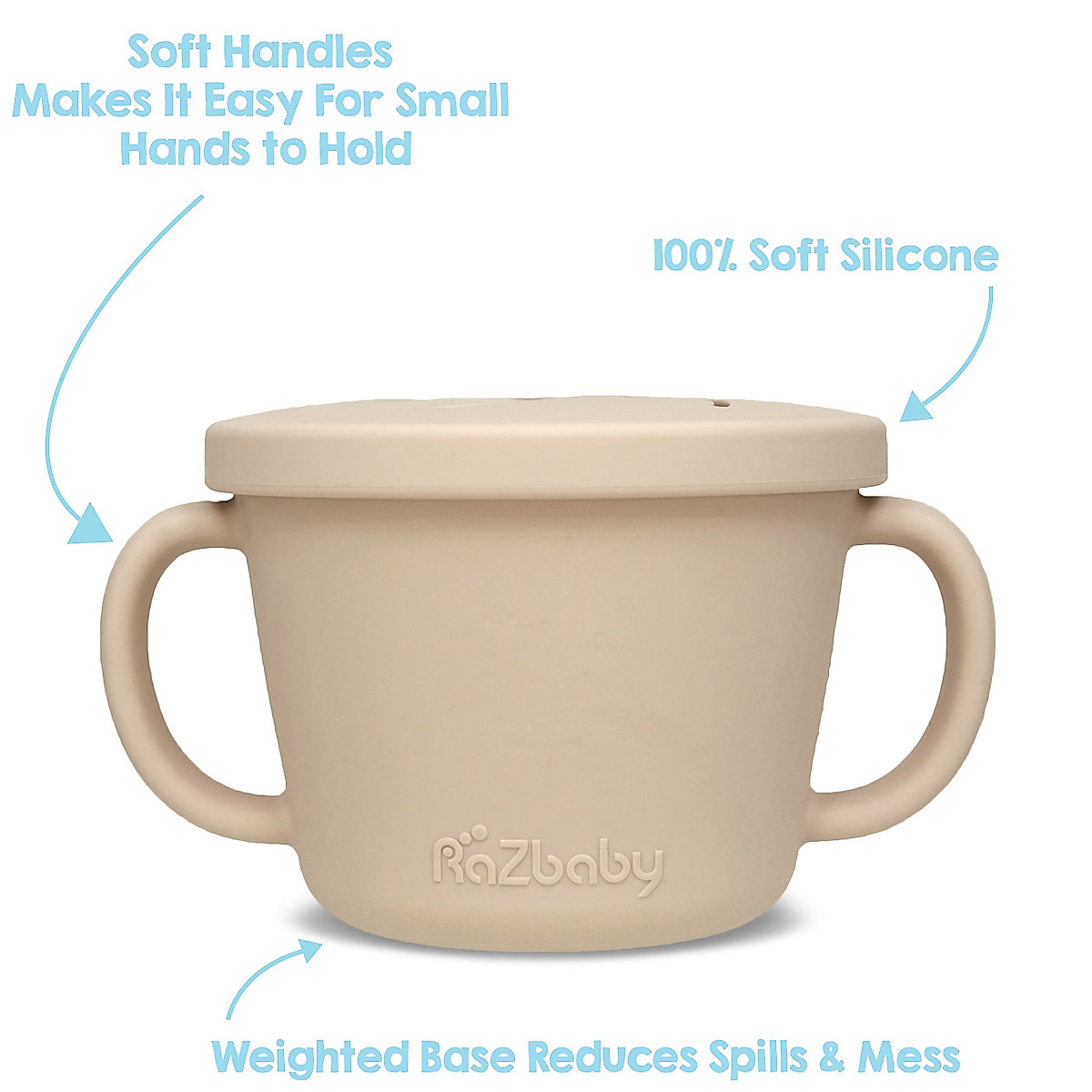 RAZBABY Oso-Snack 100% Silicone Snack Cup, 6M+, Spill-Proof Food Container w/Weighted Bottom, Easy to Hold for Baby & Toddler, Removable Lid, Easy to Clean, BPA-Free, Dishwasher Safe – Tan