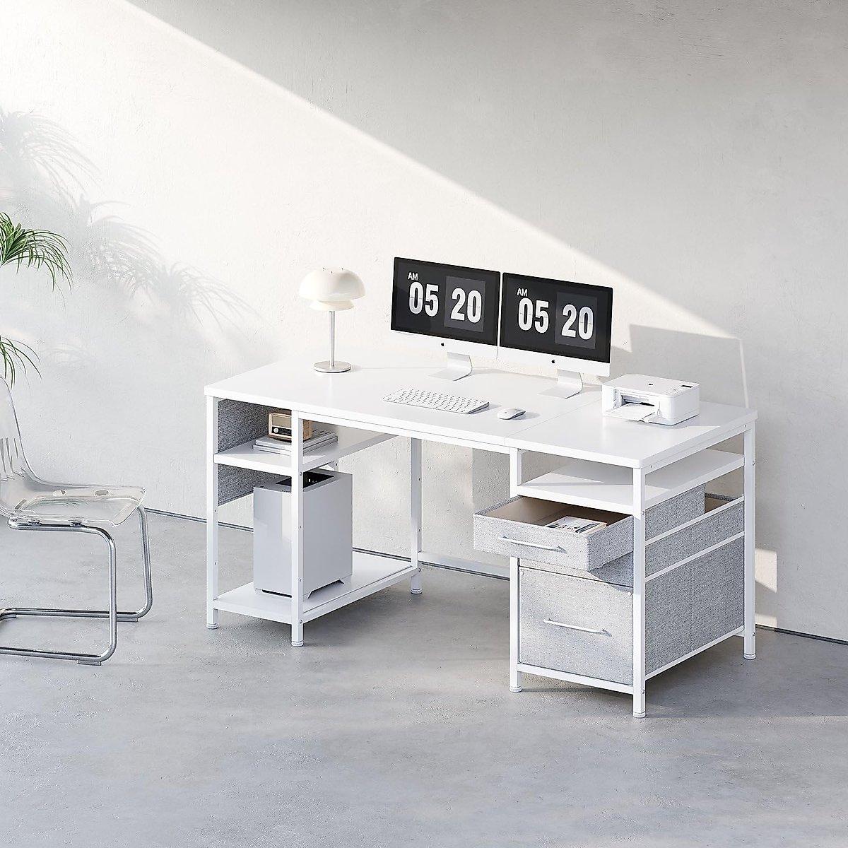 Ｍａｉｈａｉｌ Maihail Home Office Desk with Drawers and Adjustable Shelves, 59 inch Long Writing Desk with File Cabinet, Large Computer Desk with Storage, Vintage, White