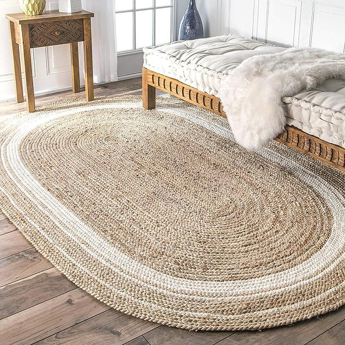4x6 5x8 8x10 ft. Blue Natural Fiber Braided Oval Rug Vintage Area Rug Jute Tress de lit Jute Area Rug Hand Braid Rug Handmade Rug Sisal Rug (2x3 feet Jute Oval Rug, Brown + White Line)