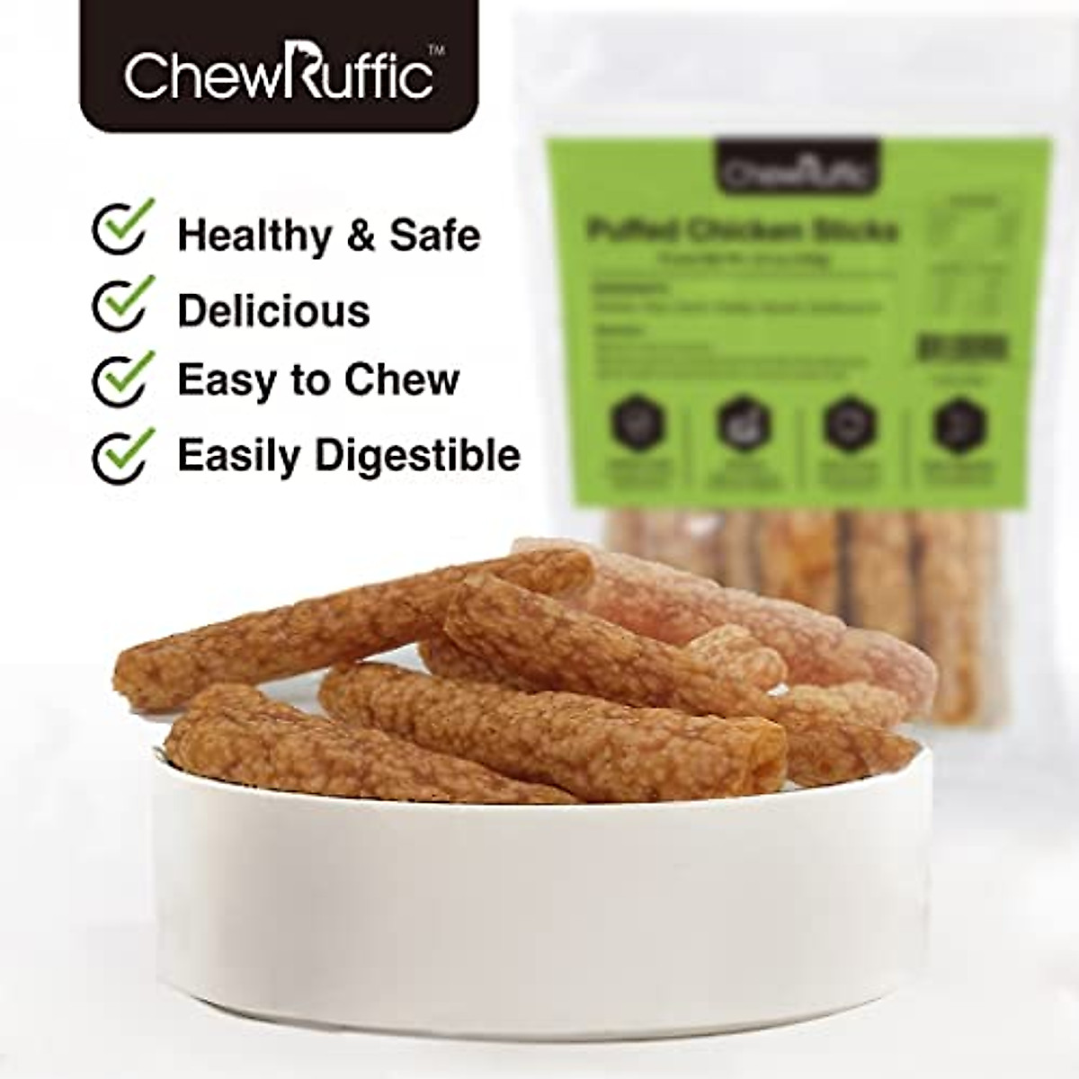 ChewRuffic Chicken Dog Chew Sticks, Puffed Human Grade Dog Treat Sticks, Rawhide Alternative, Easy to Digest 10pcs/Pack