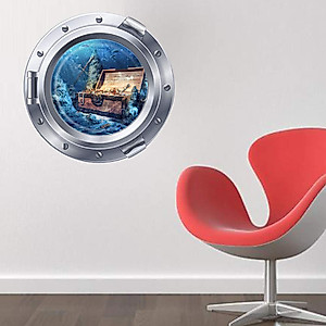 Woodland Arts 3D Undersea Treasure Coins Porthole Submarine View Ocean 18 x 18 inch Removable Vinyl Peel and Stick Decorative Wall Decals Stickers for Children Kids Room Nursery