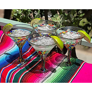 Dos Sueños Mexican Hand Blown Glass – Set of 4 Hand Blown Modern Margarita Glasses - Confetti Carmen (12 oz)