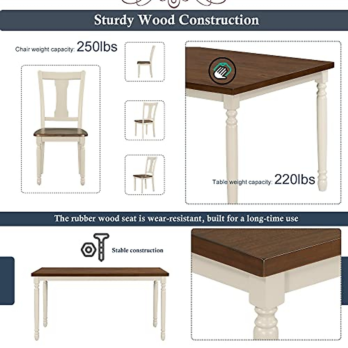 Lifeand Piece Wooden Table and 4 Chairs with Bench for Kitchen Room (Brown+Cottage White), Classic Dining Set for 6