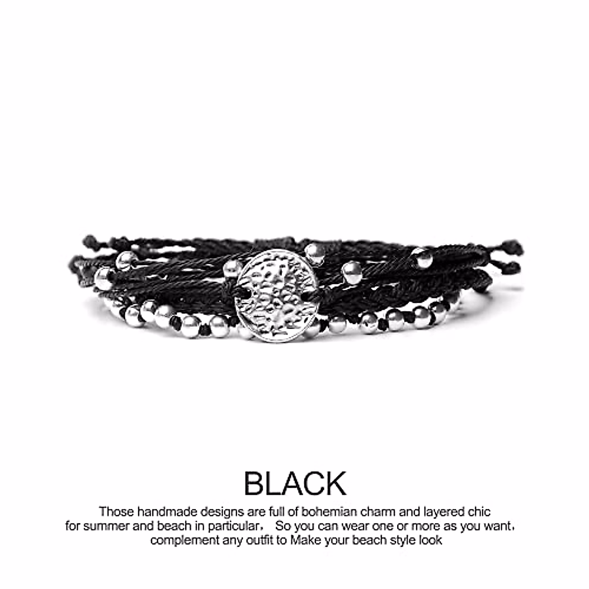 Mezcla Vida Bohemian Wave Coin Charms Black Beaded Handmade Braided Rope Surfing Woven Bracelets Sets For Women Teen Girls, Beach String Jewelry (BLACK)