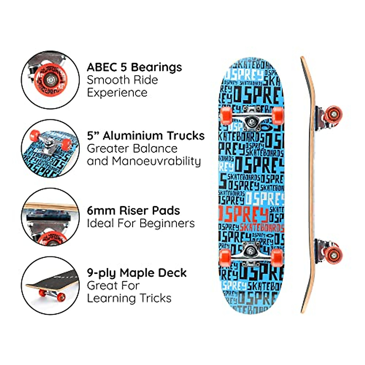 Osprey Complete Skateboards for Beginners | 31 x 8 Inch Skateboard for Kids Teens Adults with 7 Layer Canadian Maple Deck, Double Kick Concave Skateboard for Riding and Tricks, Multiple Designs