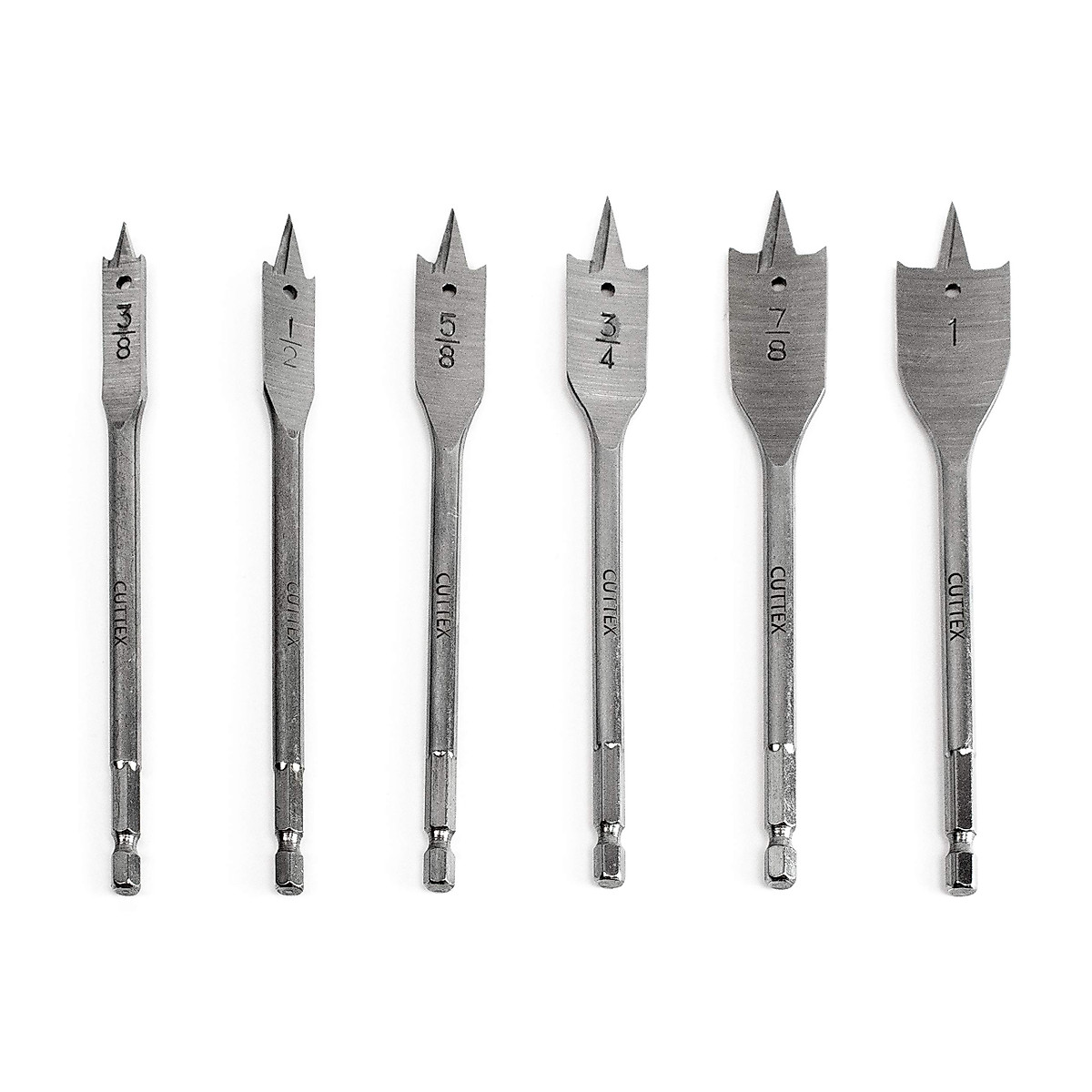 CUTTEX TOOLS Spade Drill Bit Set, 6 Pcs Drill Bit for Woodworking, 3/8" to 1", Full Set, Paddle Flat Bits, Nylon Storage Pouch Included
