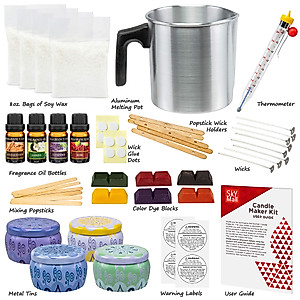 SkyMall Candle Making Kit, DIY Set for Making Candles with Melting Pot, 4 Large Metal Tins, [4] 8oz Soy Wax Bags, 6 Color Dye Blocks, 4 Fragrance Oils, Wicks, Thermometer, Bonus Holiday Stickers