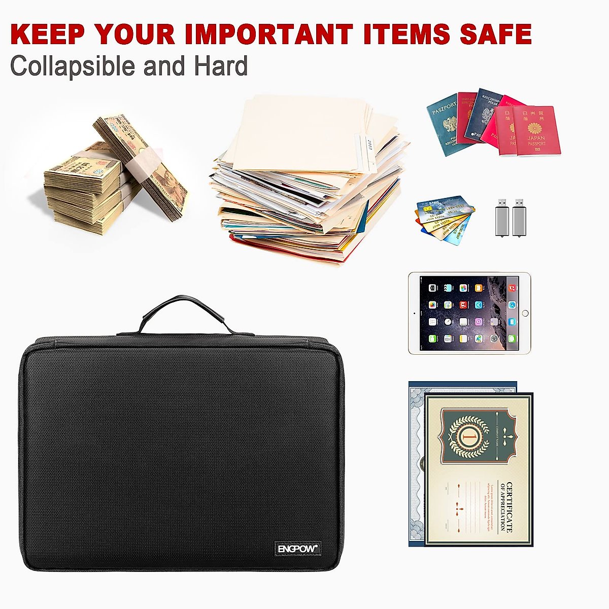 ENGPOW Fireproof Document Organizer Box with Lock,Collapsible Hard File Storage Box,Multi-Layer Waterproof Portable Travel Home Filing Storage Fireproof Safe for Important File,Cash,Letter/Legal Size