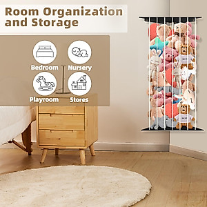 Cyfromt Toy Storage Organizer Corner Stuffed Animal Plush Toy Storage Kids Room Holder with Length Adjustable Large Toys Wall Hanging Shelf for Nursery Playroom Bedroom Sturdy Metal Black