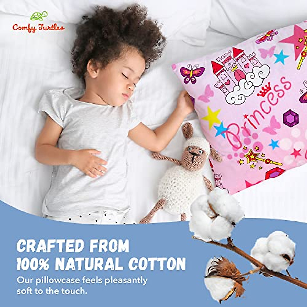 Comfy Turtles 13 x 18 Inch Toddler Size Pillowcase - Natural Cotton - Pillow Cover for Children, Boys, Girls & Kids - for Sweet Dreams, Sleeping & Travel - Soft & Breathable - Pink Castle