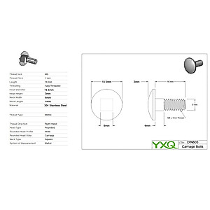 YXQ 8Pcs M6x16mm Carriage Bolts Square Neck Metric DIN603 Fully Thread 304 Stainless Steel