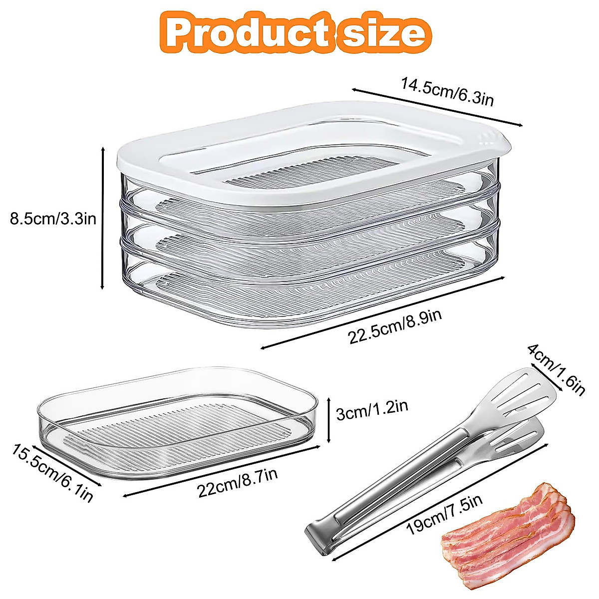 RAUWIZX 3 PCS Bacon Refrigerator Crisper with Lid, Deli Meat Cold Cut Food Storage Organizer, Plastic Bacon Crisper, Stackable Refrigerator Transparent Organizer, (FREE MEAT CUTTERS)