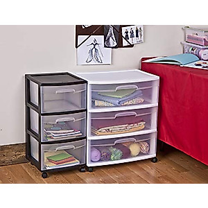 Sterilite 28309002 3 Drawer Cart, Black Frame with Clear Drawers and Black Casters, 2-Pack