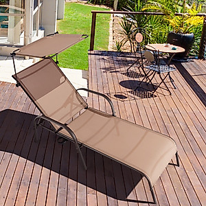 Giantex Patio Chaise Lounge Chair - Outdoor Beach Chair with Adjustable Canopy, Cupholder, 5-Level Backrest, Metal Frame Sunbathing Lounger for Outside, Poolside, Yard, Lawn Tanning Chair (1, Brown)