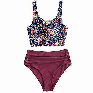 ZAFUL Women's Scoop Neck Tropical Leaf Knotted Two Pieces Tankini Set Swimsuit (4-Plum Pie, L)