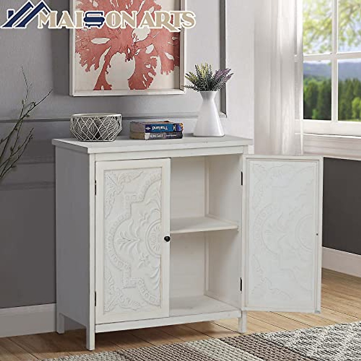 MAISON ARTS White Accent Cabinet with 2 Doors Sideboard Buffet Storage Cabinet Decorative Distressed Cabinet with Carved Pattern Doors for Bedroom Living Room Kitchen Farmhouse, White Embossed Flower