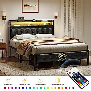 HAUSOURCE Full Bed Frame with Storage Headboard & Footboard Upholstered Platform Bed with LED Lights USB Ports & Outlets No Box Spring Needed