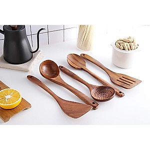 Wooden Spoons for Cooking, Cooking Utensils Set of 6 Natural Wooden Cooking Spatulas with Utensils Holder Comfort Grip Wooden Kitchen Utensils for Nonstick Cookware