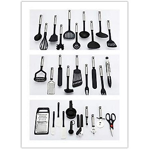 38-piece Kitchen Utensils Set Home Cooking Tools Gadgets Turners Tongs Spatulas Pizza Cutter Whisk Bottle Opener, Graters Peeler, Can Opener, Measuring Cups Spoons (Black)