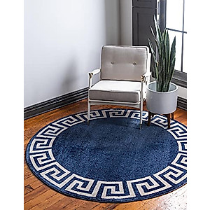 Unique Loom Athens Collection Classic Geometric Modern Border Design Area Rug, Round 8' 0" x 8' 0", Navy Blue/Beige