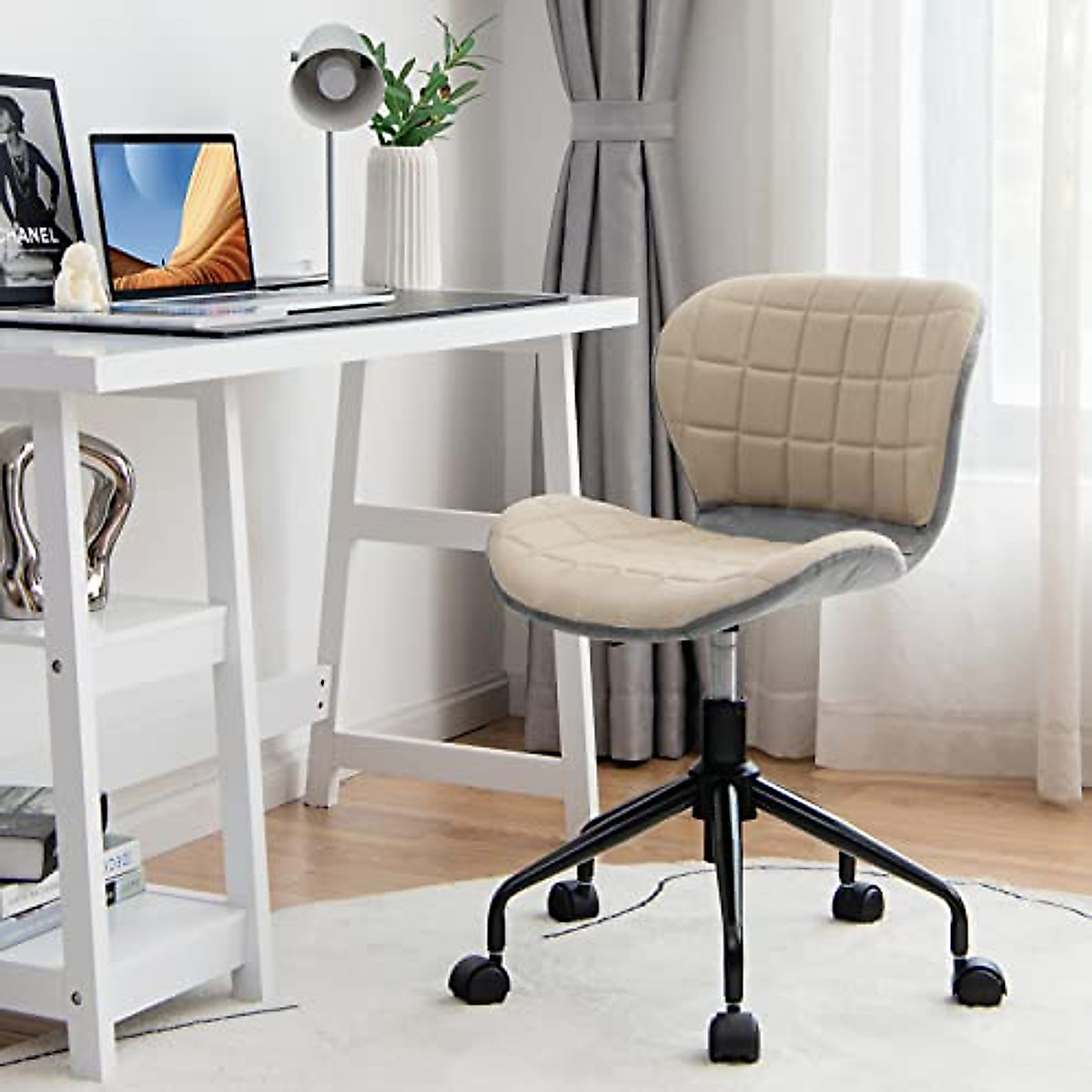 Giantex Home Office Desk Chair, 360° Swivel Height Adjustable Office Chair w/PU Leather, Modern Office Chair, Ergonomic Curved Wood Desk Chairs, Leather Armless Task Chair for Office, Beige & Grey