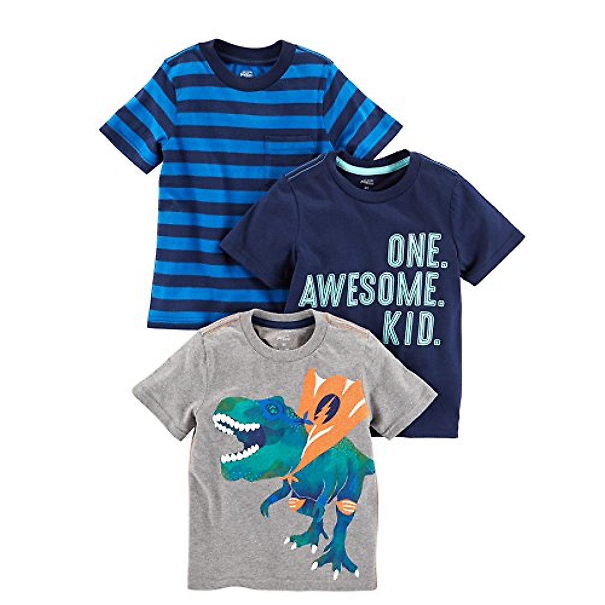 Simple Joys by Carter's Baby Boys' 3-Pack Short-Sleeve Tee Shirts, Blue Stripe/Grey Dinosaur/Navy Text Print, 5T