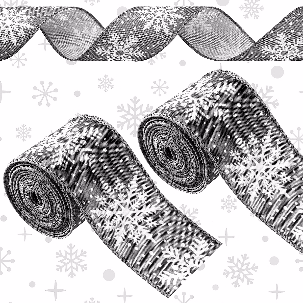 Canlierr 2 Rolls 12 Yard 2.5 Inch Christmas Snowflake Ribbon Christmas Wired Ribbons for Wreath Fabric Polyester Decorative Ribbons Gift Wrapping Ribbon for Christmas Tree Party Decoration(Gray)