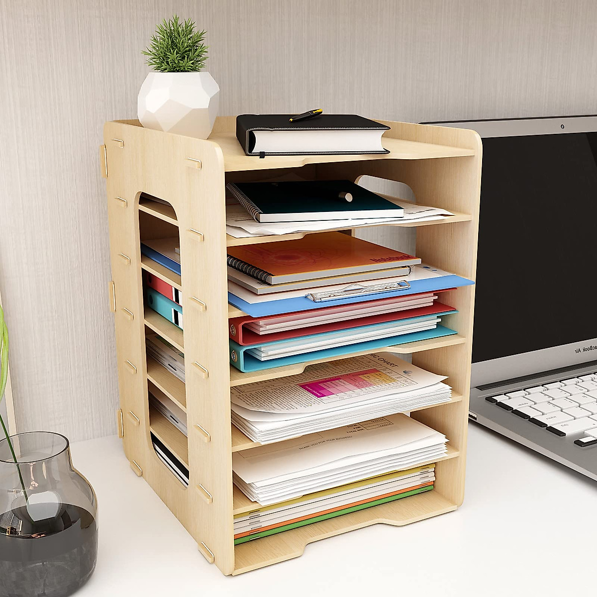 PUNCIA 7Tiers Lengthways Wood Office Paper Organizer for Desk Desktop File Holder Stackable Letter Tray Legal A4 Paper Sorter Document Book Magazine Mail Storage Shelf Rack Desk Literature Organizer