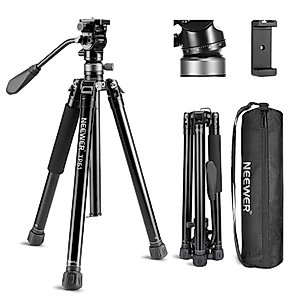 NEEWER 61.4" Video Travel Tripod with +/-10° Leveling Base Fluid Head (⌀37mm), Compact Metal Camera Tripod Stand with Quick Release Reversible Legs & Detachable Center Column, Arca Plate, TP61