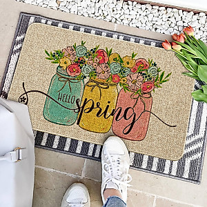 Artoid Mode Vase Hello Spring Doormat, Seasonal Spring Summer Easter Holiday Anniversary Low-Profile Yard Floor Switch Mat for Indoor Outdoor 17 x 29 Inch