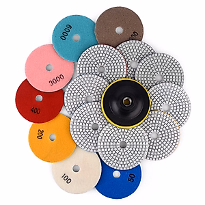 16Packs Diamond Polishing Pads Set, 4inch Dry/Wet Polish Pad Kit , 50#-10000# Grit Pads with Back Holder, for Drill Grinder Polisher, FOR Granite Concrete Countertop Marble Stone(size:16pcs/set)