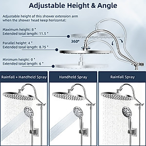 Hibbent 12 Inch Thickness Metal Rainfall Shower Head/Handheld Showerhead Combo with 12 Inch Adjustable Curved Shower Extension Arm, 7-Spray, 71 Inch Hose, Adhesive Showerhead Holder, Chrome