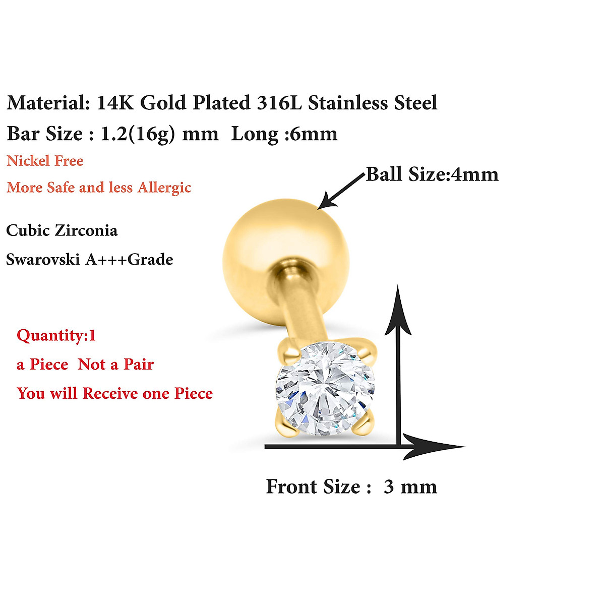 ONDAISY 14k Gold Plated Simulated Diamond 3mm Cz Round Circle Ball Ear Barbell Ball Stud Earring Piercing