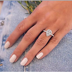 Aojun 14K Gold Vermeil S925 Sterling Silver Pear Shaped Cubic Zirconia Promise Halo Engagement Promise Eternity Ring for Women (Water Drop Gold, 5)