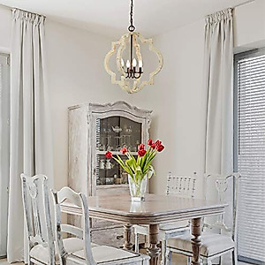 LOG BARN Farmhouse Chandelier, Handmade Distressed White Large Wood Light Fixture for Dining Room, Bedroom, Foyer, Entryway and Living Room