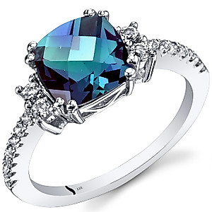 PEORA Created Alexandrite Ring for Women in 14K White Gold with Genuine White Topaz, Color Changing Cushion Cut, 2.78 Carats total, Comfort Fit, Size 8
