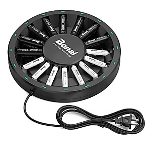 BONAI 16 Bay Battery Charger AA AAA with Rechargeable AA Batteries and Rechargeable AAA Batteries, Ni-Mh Rechargeable Batteries with Charger(Round-Design)