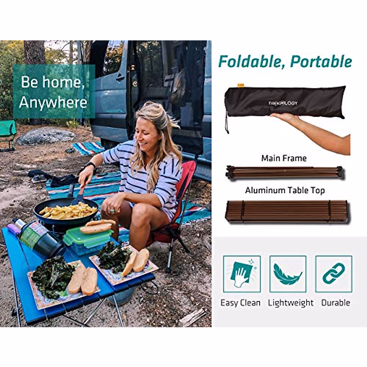 TREKOLOGY Camping/Beach Table with Aluminum Table Top – Portable Folding Table in a Bag for Beach, Picnic, Camp, Patio, Fishing, RV, Indoor (Brown, Large (27''x18''x16''))