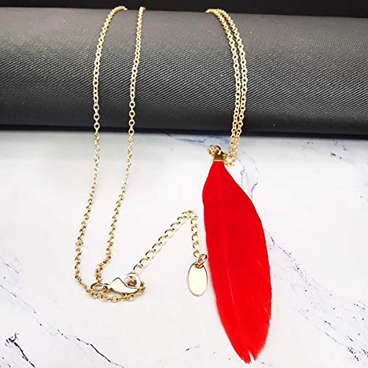 Is Never Enough Long Colorful Feather Pendant Necklace,Light Bird Feather Sweater Chain for Women Party Jewelry (C:red)