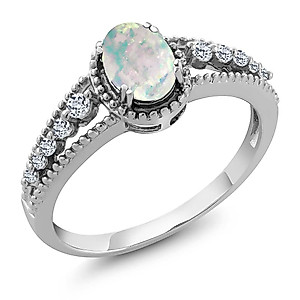 Gem Stone King 925 Sterling Silver White Simulated Opal and White Topaz Engagement Ring For Women (1.21 Cttw, Oval Cabochon 7X5MM, Available 5,6,7,8,9) (Size 7)